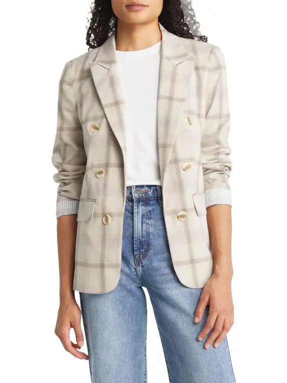1.State Plaid Double-breasted Blazer With Ruched Sleeves - Violet Tulle