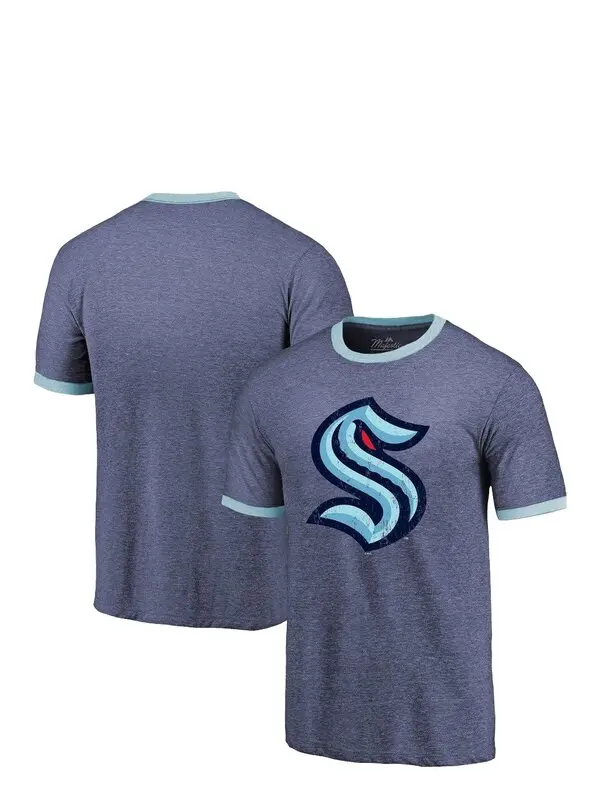 MAJESTIC THREADS Heathered Deep Sea Blue Seattle Kraken Ringer Contrast Tri-blend T-shirt - Navy