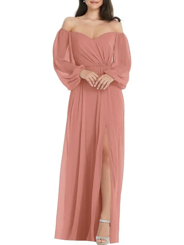 Dessy Collection Convertible Neck Long Sleeve Chiffon Gown - Desert Rose