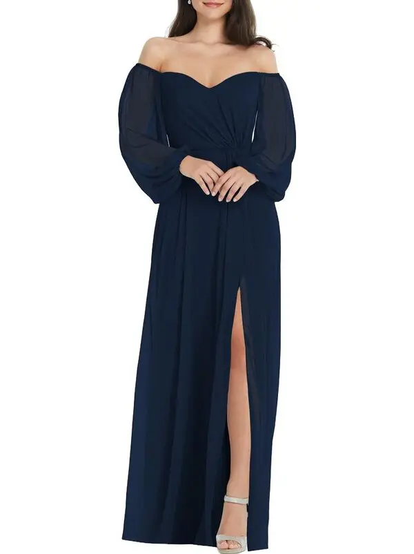Dessy Collection Convertible Neck Long Sleeve Chiffon Gown - Midnight Navy