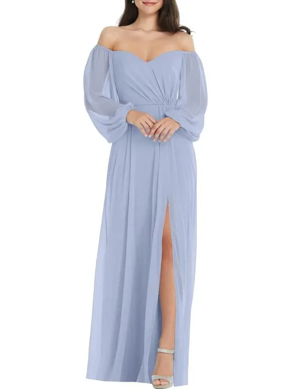 Dessy Collection Convertible Neck Long Sleeve Chiffon Gown - Sky Blue