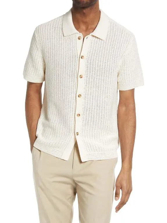 Vince Crochet Cotton Short Sleeve Button-up Shirt - Bone