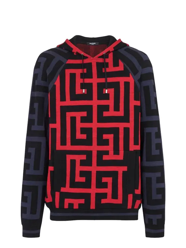 Balmain Monogram-print Drawstring Hoodie - Blue