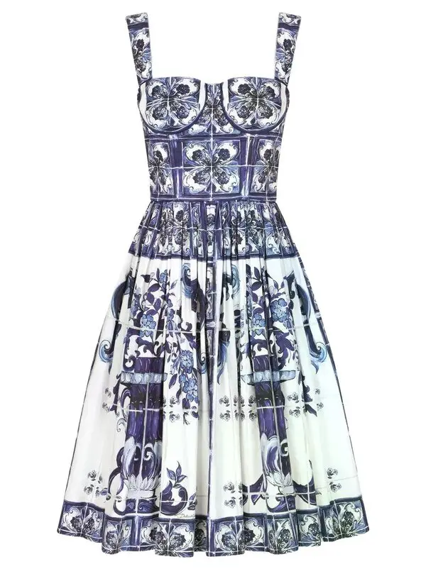 Dolce & Gabbana Majolica-print Bustier Midi Dress - White