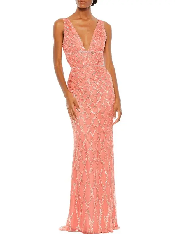 Mac Duggal Embellished V-neck Column Gown - Coral