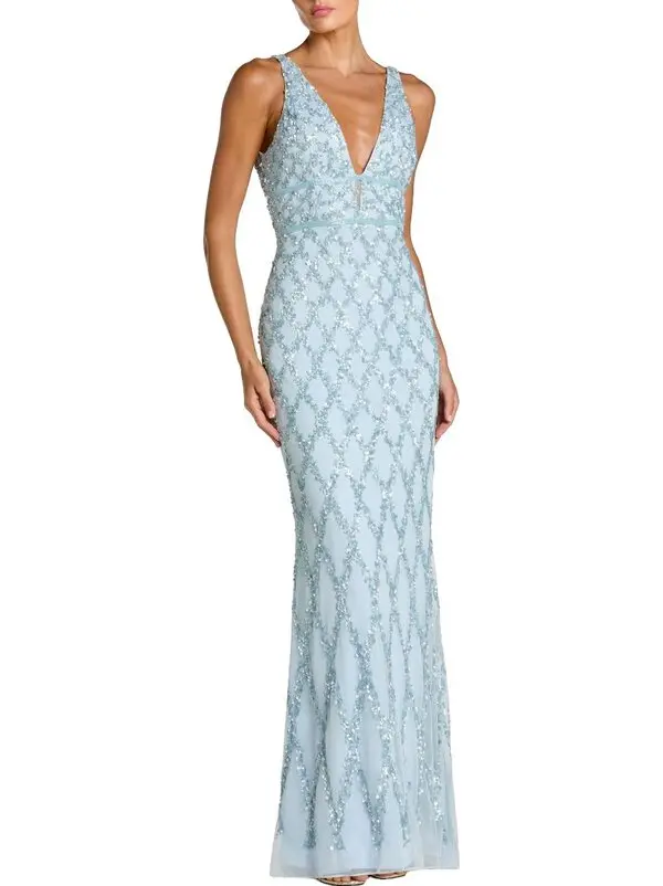 Mac Duggal Embellished V-neck Column Gown - Ice Blue