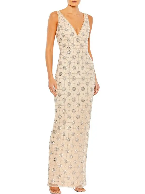 Mac Duggal Embellished V-neck Column Gown - Silver
