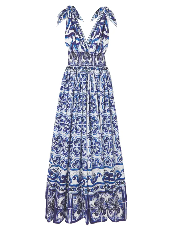 Dolce & Gabbana Maiolica Open-back Shirred Printed Cotton-poplin Maxi Dress - Blue