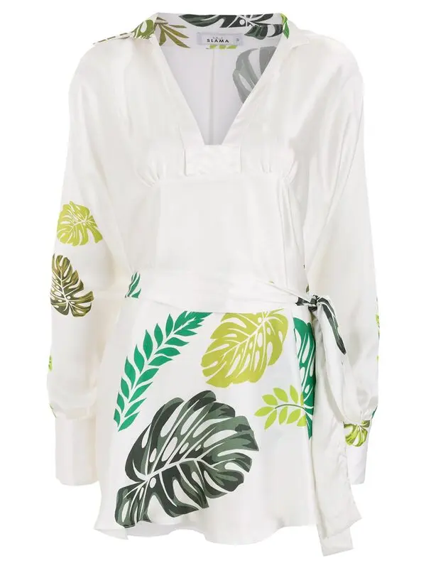 AMIR SLAMA Palm Leaf Print Beach Dress - White