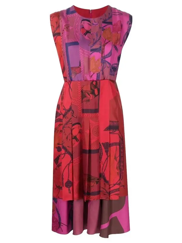 FERRAGAMO Patterned Silk Midi Dress - Red