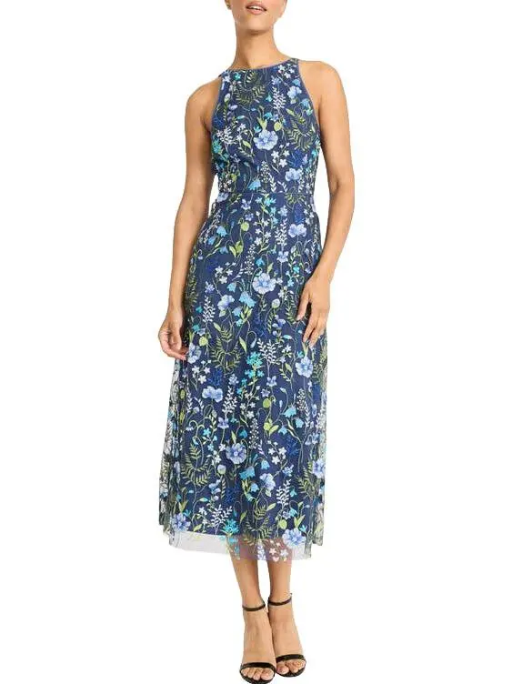 Maggy London Embroidered Floral Halter Neck Midi Dress - Blue/green