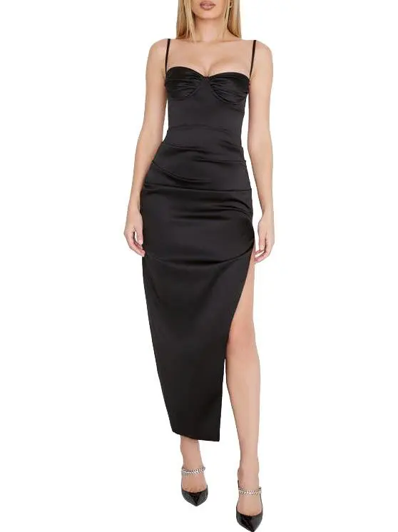 House Of Cb Flora Pleated Satin Midi Dress - Black Plus Cup