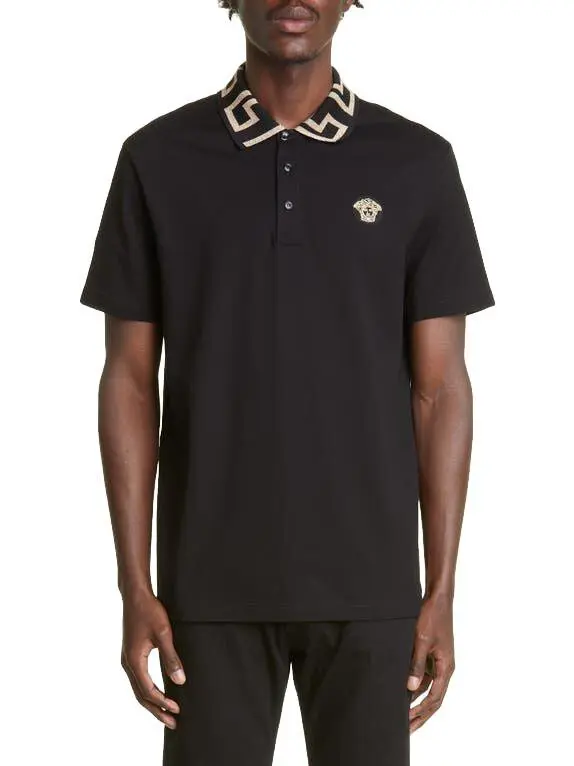 Versace Greco Collar Cotton Piqué Polo - Black