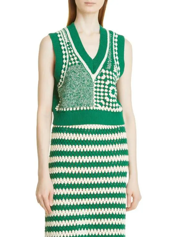 Baum Und Pferdgarten Cicilla Mix Stitch Crochet Organic Cotton Vest - Creme Green Crochet