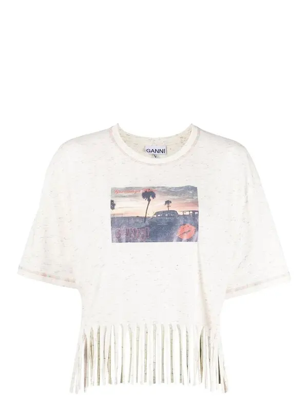 GANNI Photo-print Fringed T-shirt - Neutrals