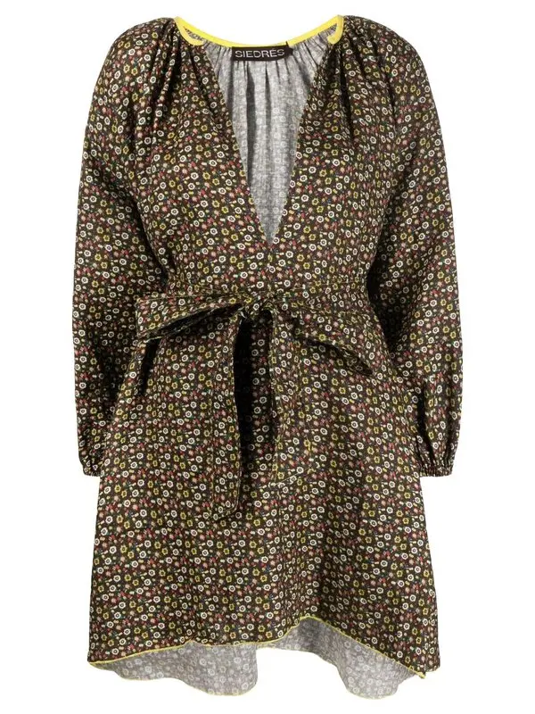 SIEDRES Belted Floral-print Linen Dress - Brown