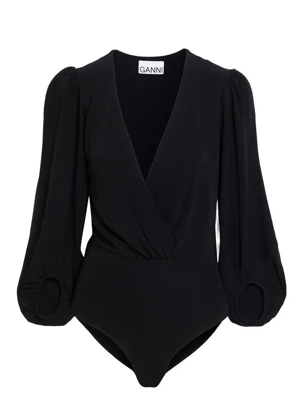 GANNI Wrap-effect Bodysuit In Crepe And Stretch-jersey - Black