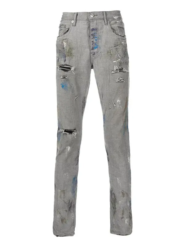PURPLE BRAND Paint-splattered Slim-fit Jeans - Grey