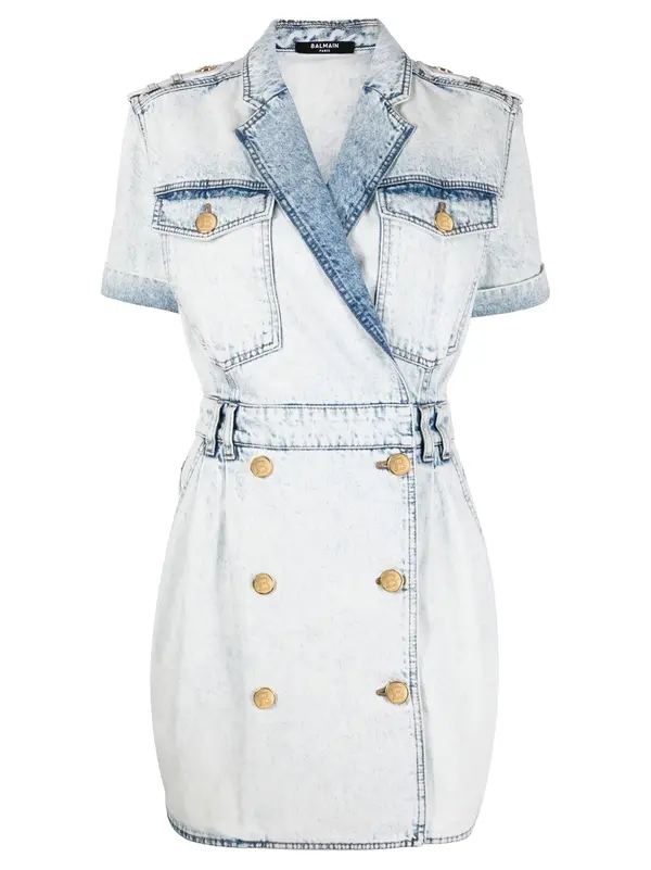 Balmain Double-breasted Denim Mini Dress - Blue