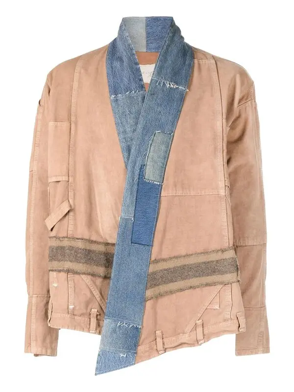 GREG LAUREN Patchwork Denim-trim Jacket - Brown