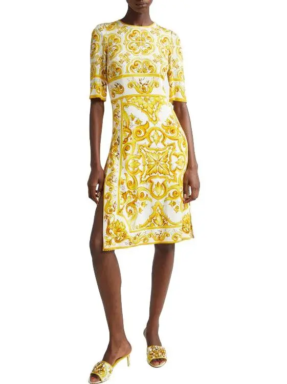 Dolce & Gabbana Majolica Print Stretch Silk Charmeuse Dress - Mix Maiolica Giallo
