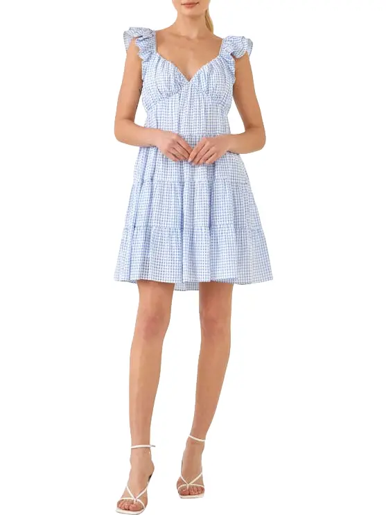 English Factory Check Print Tiered Mini Dress - Blue