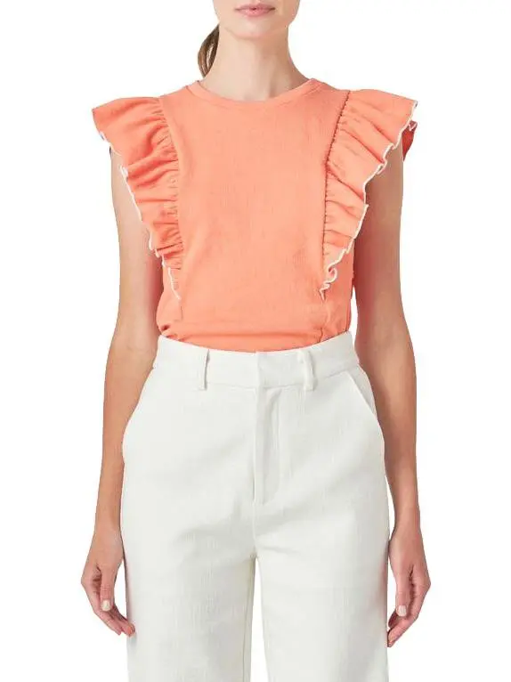 English Factory Merrow Ruffle Top - Coral Peach/white