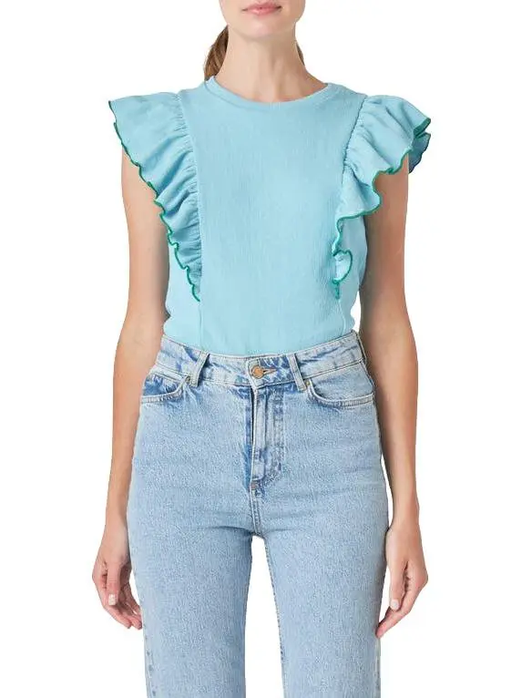English Factory Merrow Ruffle Top - Powder Blue/green