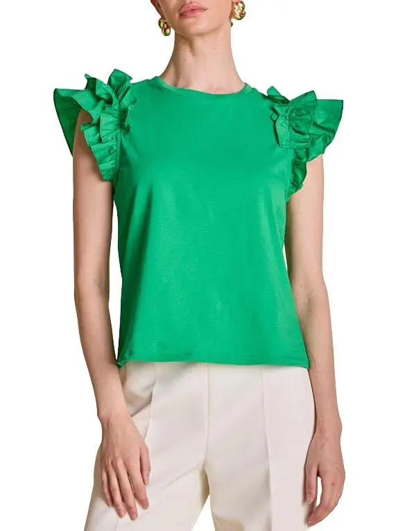 English Factory Ruffle Sleeve Cotton Top - Green