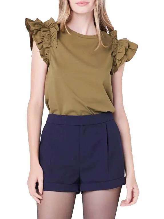 English Factory Ruffle Sleeve Cotton Top - Olive