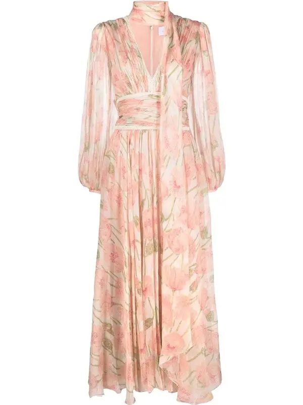 Luisa Beccaria Floral-print Long-sleeve Dress - Pink