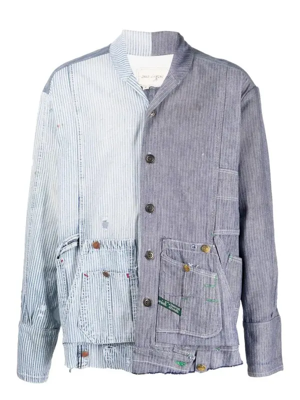 GREG LAUREN Striped Patchwork Cotton Shirt - Blue