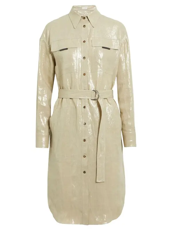 Brunello Cucinelli Coated Metallic Linen Shirt Dress - Cream