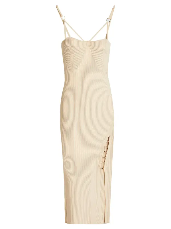 NICHOLAS Embellished Cutout Ribbed-knit Midi Dress - Beige