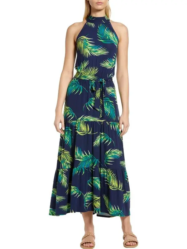 Loveappella Palm Print Halterneck Maxi Dress - Navy Palm