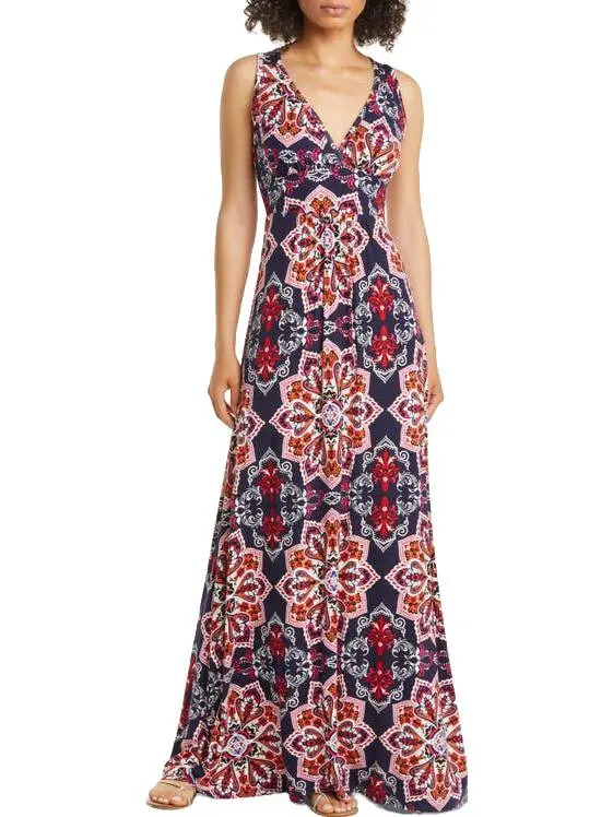 Loveappella Empire Waist Jersey Maxi Dress - Navy Multi