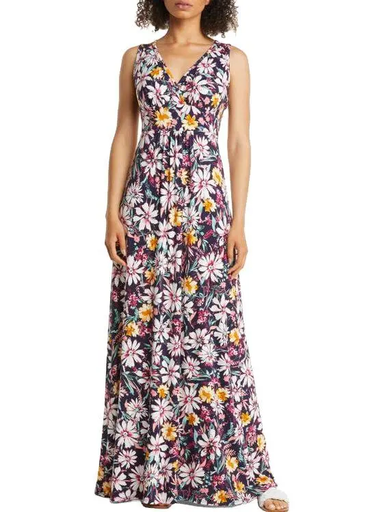 Loveappella Floral Print Empire Waist Maxi Dress - Navy Multi