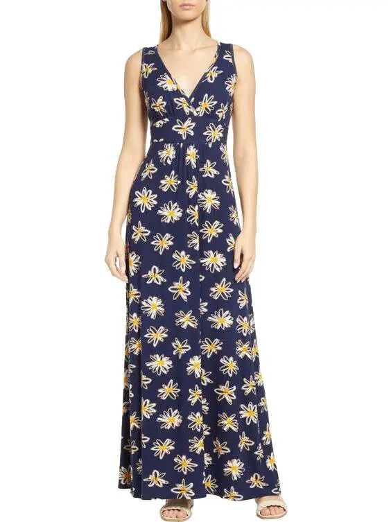 Loveappella Floral Print Empire Waist Maxi Dress - Navy Yellow