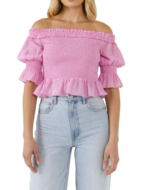Endless Rose Off-the-shoulder Smocked Top - Pink