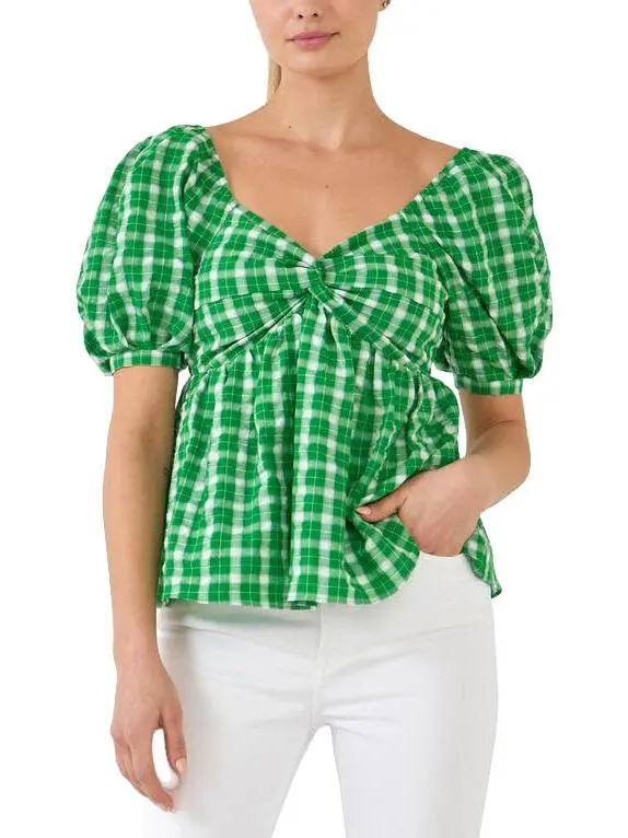 English Factory Twist Front Gingham Top - Green