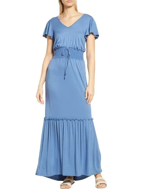 Loveappella Smock Waist Knit Maxi Dress - Denim
