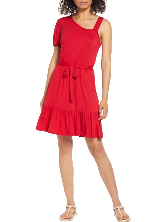 Loveappella One-shoulder Ruffle Hem Knit Dress - Red