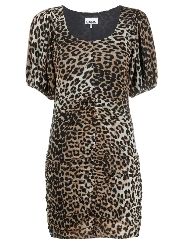 GANNI Leopard-print Ruched Mini Dress - Brown