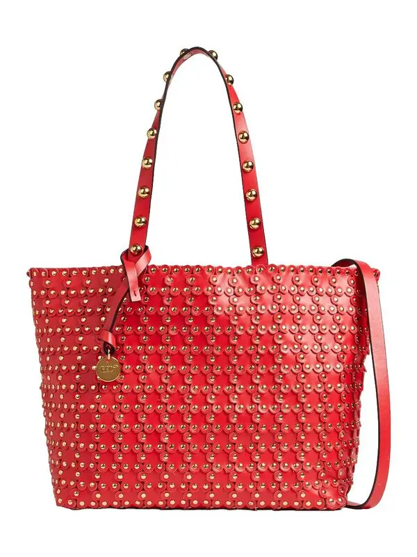 Red Valentino Flower Puzzle Studded Lasercut Faux Leather Tote - Red