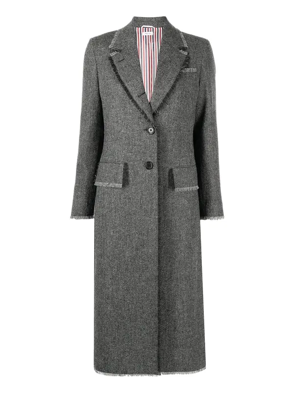 Thom Browne Frayed Trim Single-breasted Coat - Grey