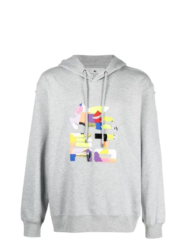 Etro Patchwork Logo-print Rib-trimmed Hoodie - Grey