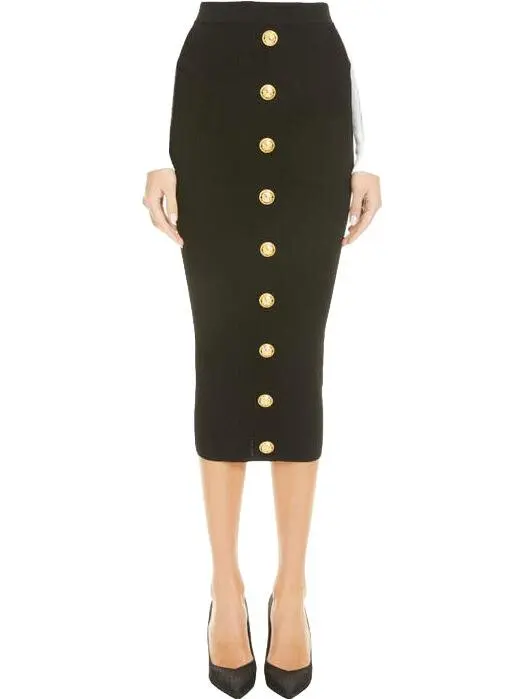 Balmain Button-front Ribbed Midi Skirt - 0pa 0pa Noir