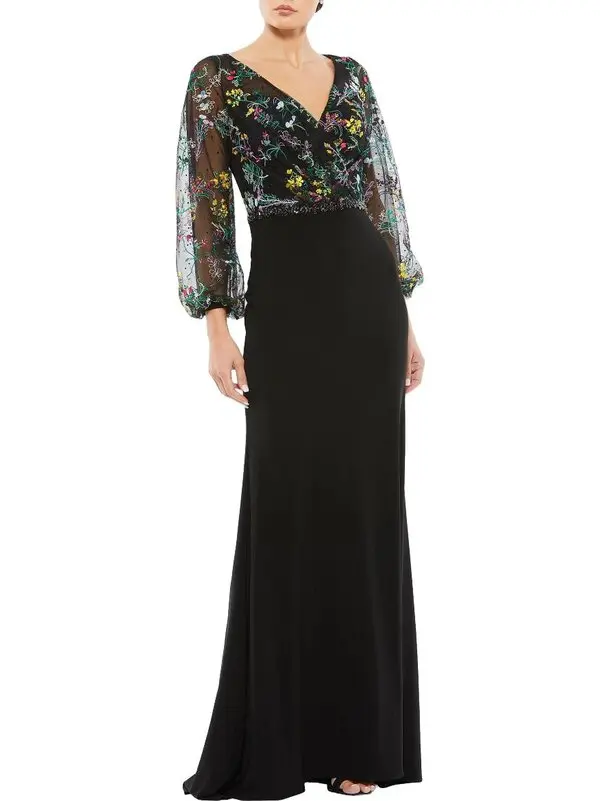 Mac Duggal Embroidered Puff-sleeve Gown - Black Multi