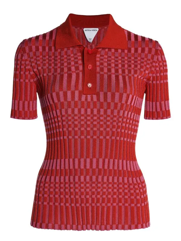 Bottega Veneta Check Ribbed Silk Polo Top - Red