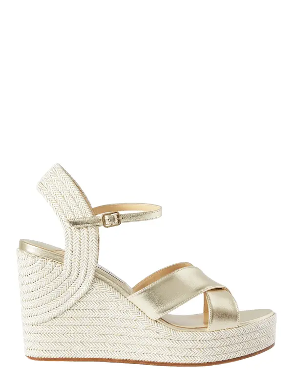 JIMMY CHOO Dellena 100 Metallic Leather Espadrille Wedge Sandals - Neutrals
